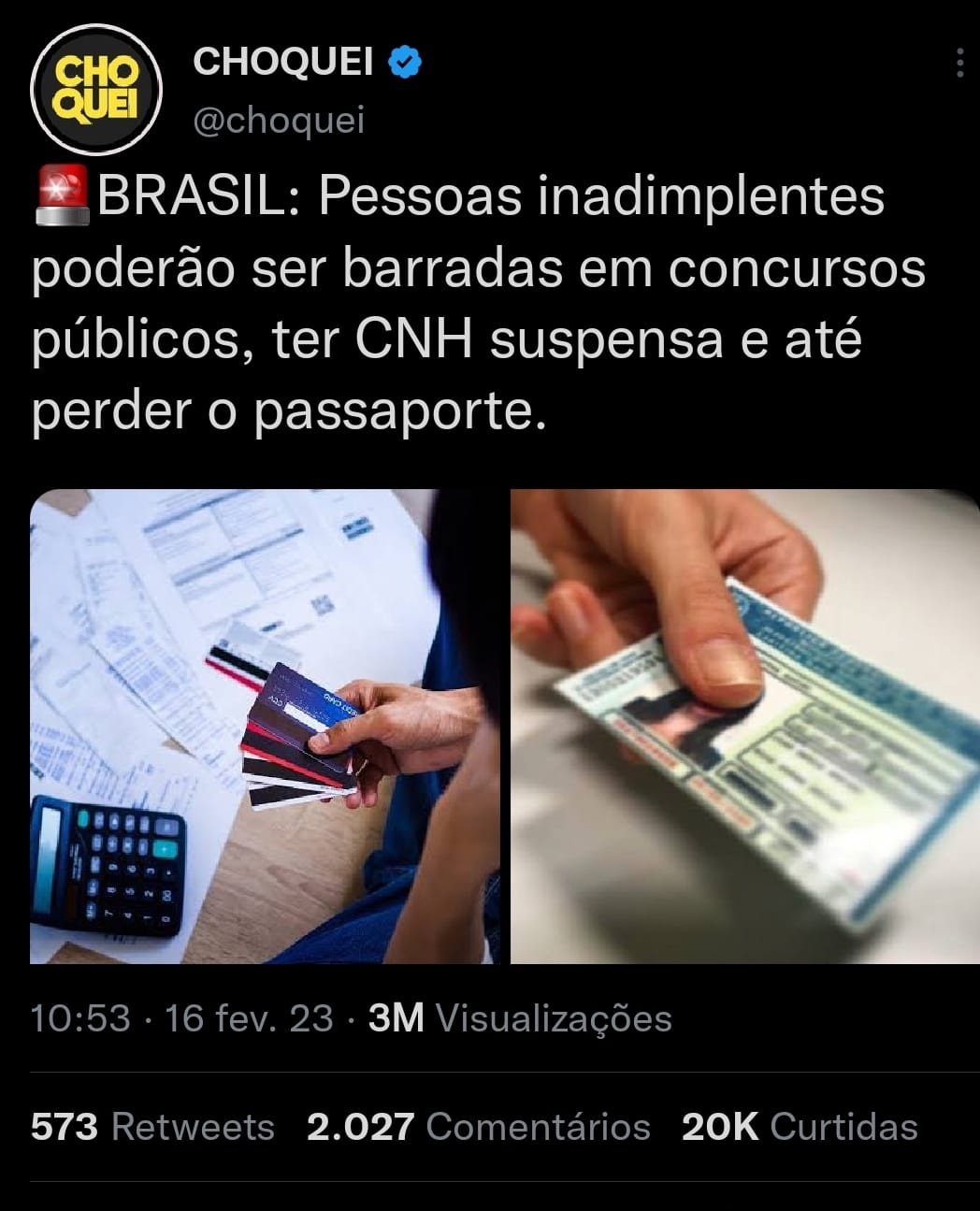 A página"Choquei" disse que quem estiver devendo perderá a CNH ...