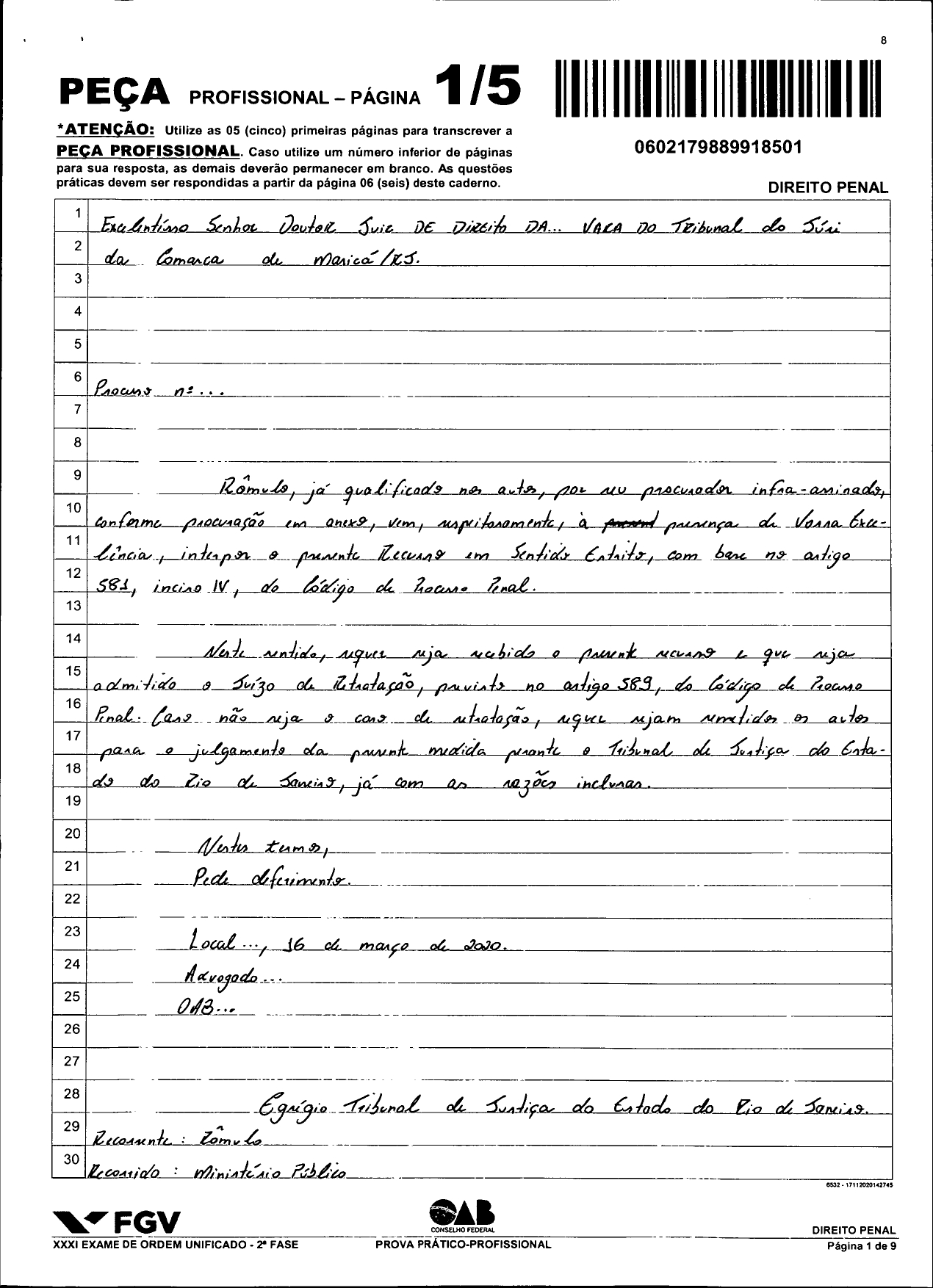 Modelo de Recurso em Sentido Estrito para Exame OAB | Jusbrasil